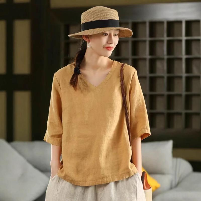 ・素材: 麻・袖丈: 半袖・スタイル: プルオーバー・ネックライン: ラウンドネック・シルエット: ゆったり・柄: 無地・カラー: 麻本色、森林緑、レトロ緑、紫、ワインレッド・サイズ: フリーサイズ・テイスト: 文芸、レトロ、中国風・対象年...