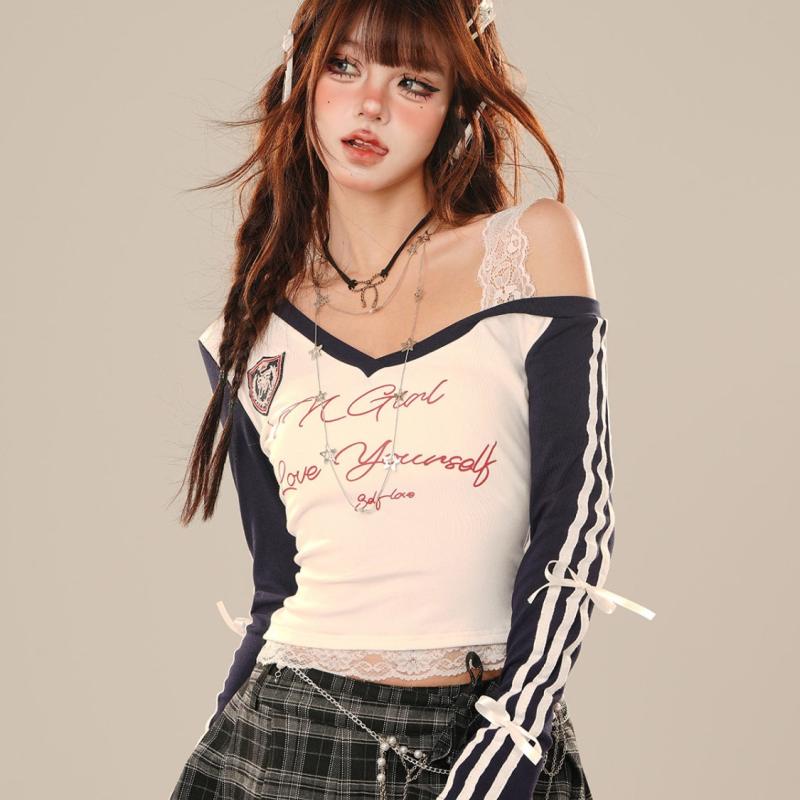 ・素材: モダール繊維・柄: 拼接、無地、文字、蝶結び、配色・スタイル: その他・袖丈: 長袖・ネックライン: Vネック・フィット: スリム・カラー: ホワイト、ネイビー・サイズ: S、M、L、XL・テイスト: エレガント