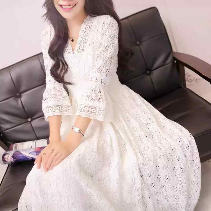 ・カテゴリ: ワンピース・柄: 無地・スタイル: 通勤・ネックライン: Vネック・袖丈: 五分袖・素材: ポリエステル・素材割合: 70-80%・スカート丈: ロング・スカートタイプ: フレア・ウエスト: ゆったり・カラー: ホワイト（キャ...