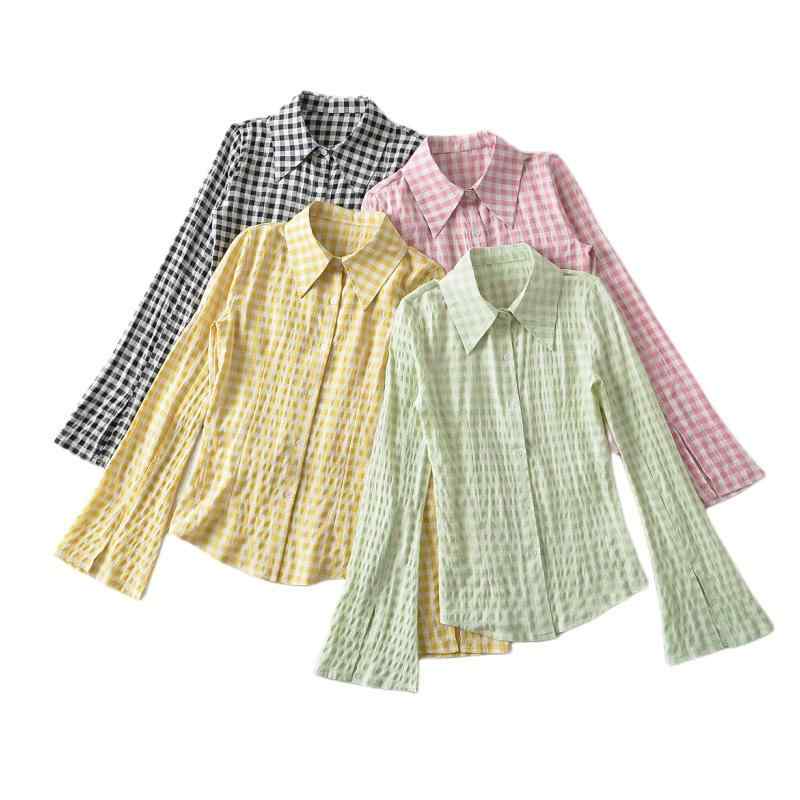 ・素材: スパンデックス・柄: ストライプ、格子柄・スタイル: カーディガン・袖丈: 長袖・フィット: スリム・着丈: 短め(40cm超～50cm以下)・ネックライン: ポロ・袖のタイプ: フレアスリーブ・カラー: ピンクチェック、イエロー...