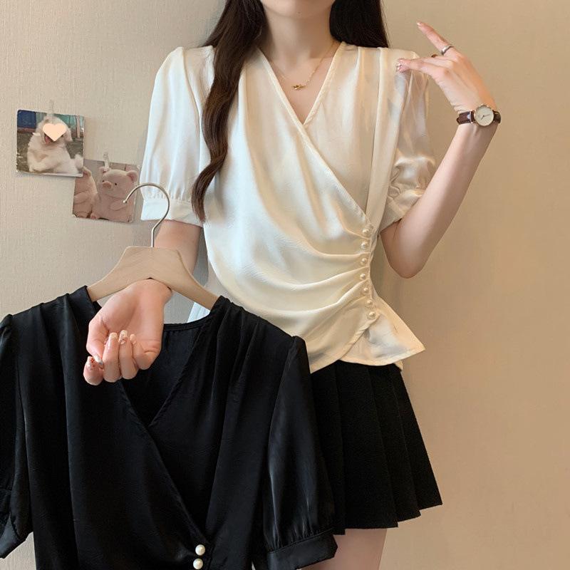 ・面料: 醋酯纤维・柄: その他・スタイル: その他・袖丈: 半袖・版型: レギュラー・ネックライン: Vネック・袖のタイプ: レギュラー・カラー: 杏色, ブラック・サイズ: M, L, XL, 2XL, 3XL, 4XL・テイスト: 通...