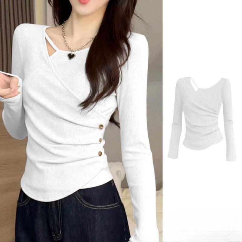 ・素材: 徳绒、ポリエステル・袖丈: 長袖・スタイル: その他・シルエット: 修身・ネックライン: ラウンドネック・袖のタイプ: レギュラー・柄: その他・要素: プリーツ、アシンメトリー、ボタン・カラー: ブラック、アプリコット、ホワイト...