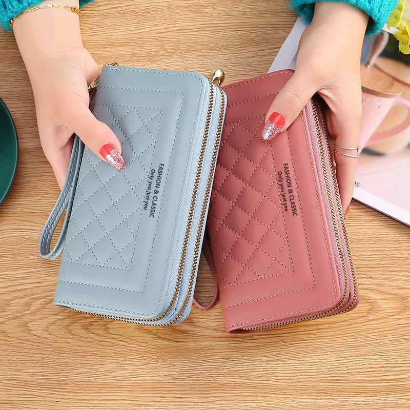 鞄 レディース 長め ダブルジッパー カジュアル スマホポケット付き 大容量 普段使い 軽量 伸縮性・スタイル: クロスボーダー風潮・要素: 菱格・柄: 無地・主な素材: PU・裏地素材: PU・タイプ: 2つ折り・カラー展開: 黒.赤.杏...