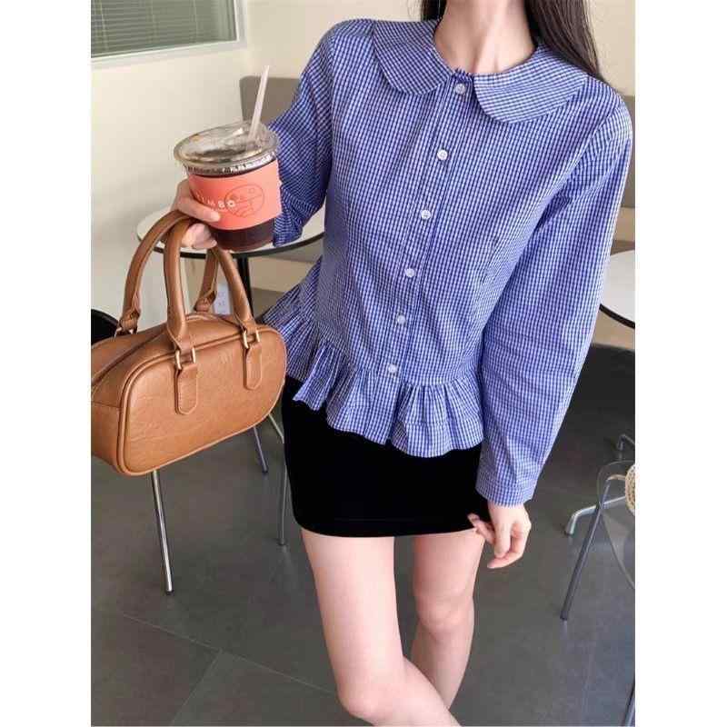 ・素材: ポリエステル・柄: ストライプ・スタイル: カーディガン・袖丈: 半袖・シルエット: スリム・ネックライン: 襟付き・袖のタイプ: レギュラー袖・デザイン: フリル・カラー: ブルーチェック・サイズ展開: S、M、L、XL・テイス...