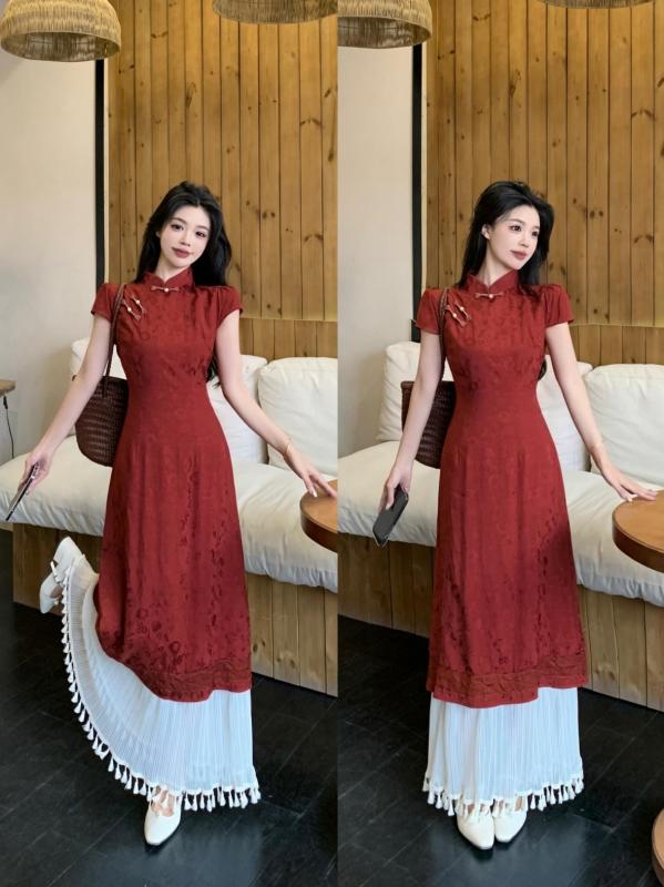 ・カテゴリ: ワンピース・スタイル: チャイナドレス風、レトロ・柄: その他・ネックライン: ラウンドネック・袖丈: 半袖・スカート丈: ロング・シルエット: Aライン・素材: 綿ポリエステル混紡・素材混率: 綿30～50%・カラー: 画像...