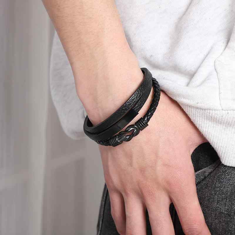 ・素材: ステンレス・処理: 手編み・スタイル: 男女兼用・デザイン: 幾何学形・用途: 旅行記念・カラー: 黒革黒バックル、黒革スチールカラー・流行要素: リング・スタイル: INSスタイル・カテゴリー: ブレスレット・対象者: 男女兼用...