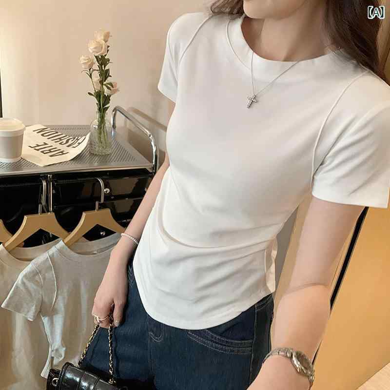 ・カテゴリ: Tシャツ・スタイル: 通勤・主な素材: 綿・主な素材2: 粘膠繊維・柄: 無地・袖丈: 短袖・袖型: 短袖・ネックライン: クルーネック・フィット: スリムフィット・衣丈: 短丈・流行要素: プリーツ・カラー展開: ホワイト、...