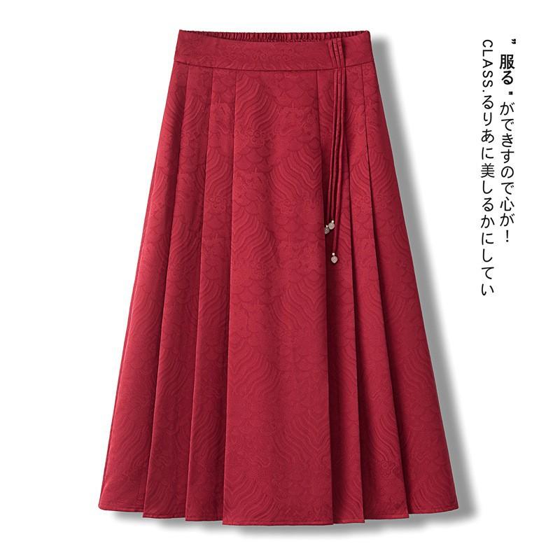 ・柄: 花柄・製法: 高温定型・素材: ポリエステル繊維、スパンデックス・スカート型: プリーツスカート・スカート丈: ミモレ丈・スタイル: 文芸、レトロ、チャイナスタイル・カラー: 杏色、ピンク、赤、黒・サイズ: S、M、L、XL、2XL...