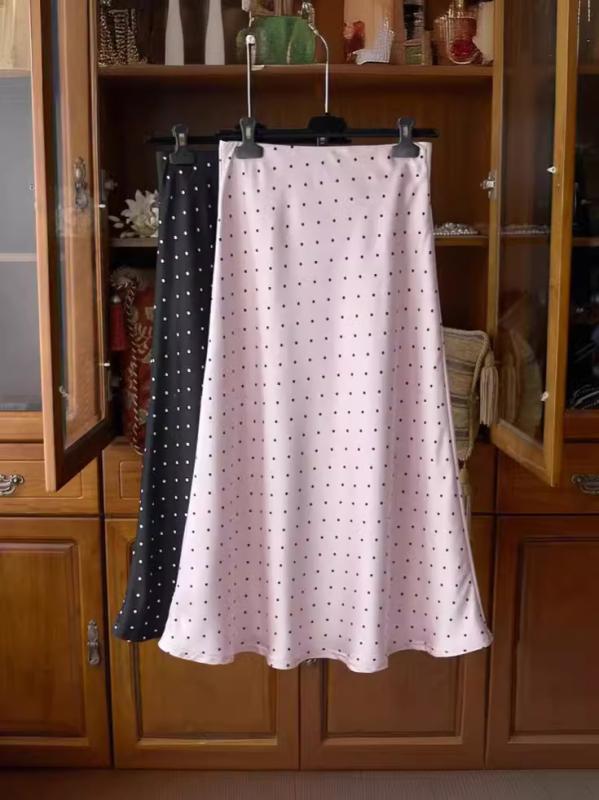 ・項目: 柄・値: 水玉・項目: 素材・値: ポリエステル・項目: スカート型・値: Aラインスカート・項目: スカート丈・値: ミモレ丈・値: 藕粉, ブラック・項目: サイズ・値: S, M, L, XL・項目: スタイル・値: 韓国風...