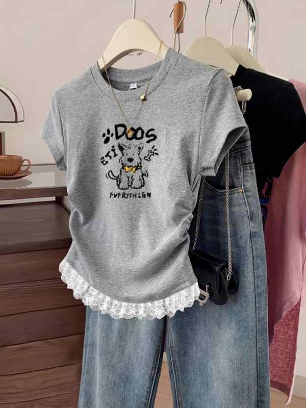 ・カテゴリ: Tシャツ・スタイル: 少女風・主な素材: 綿・袖丈: 短袖・柄: 印花・フィット: 修身型・衣丈: 普通款・ネックライン: 圆领・袖型: 常规款・流行要素: 蕾丝・カラー展開: 麻灰・サイズ展開: S、M、L、XL・主な素材含...