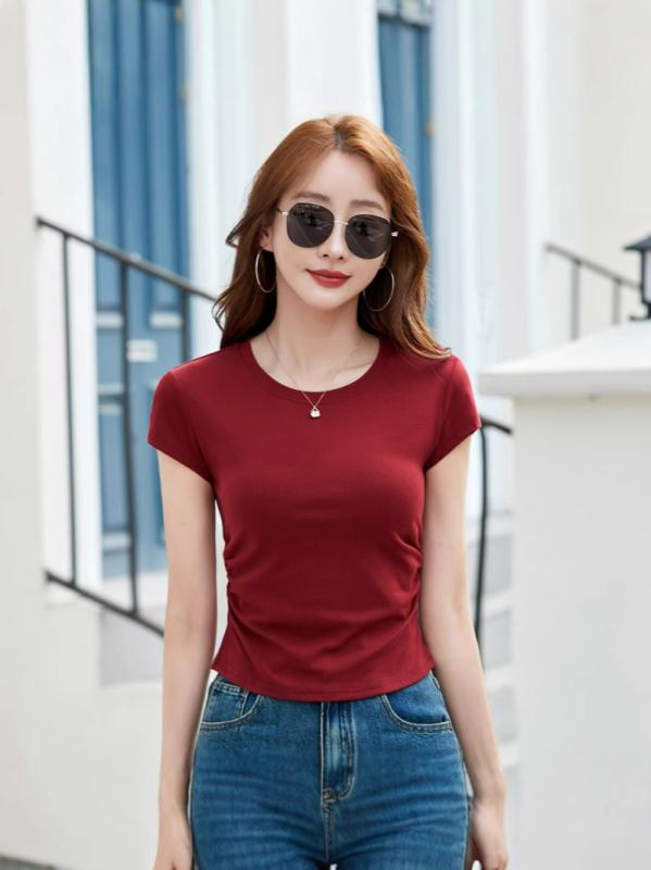 ・カテゴリ: Tシャツ・スタイル: 清新甜美・主な素材: 綿90-95%・柄: 純色・袖丈: 短袖・ネックライン: クルーネック・袖型: 通常袖・フィット: スリム・衣長: 普通・カラー展開: 白色、黒色、灰色、奶黄色、酒红色、天藍色、杏色...
