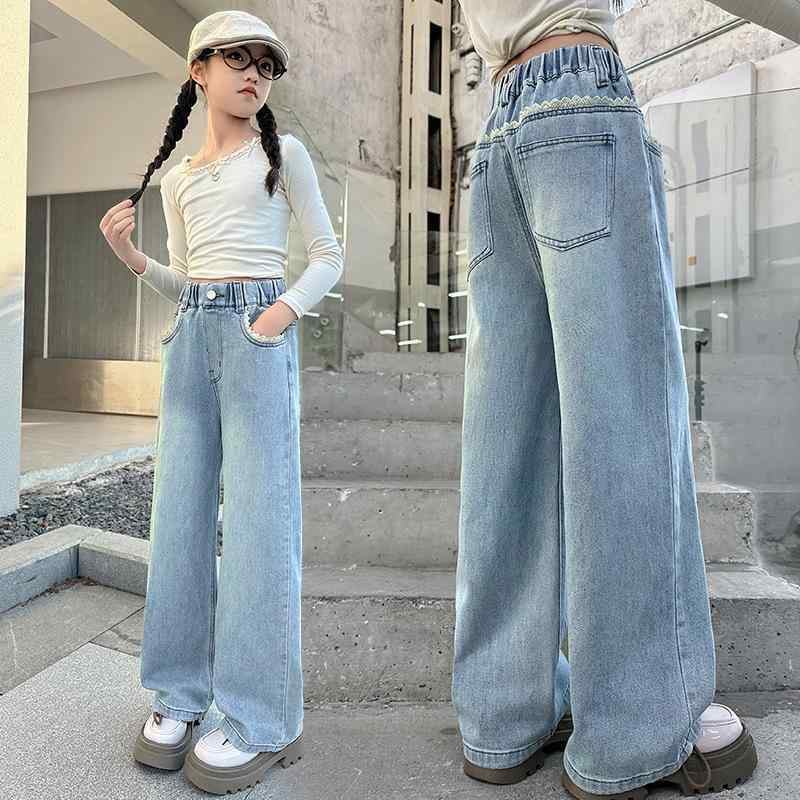 ・スタイル: 韓国版・素材: デニム・主な素材: 綿59%・対象: 女の子・パンツ丈: ロングパンツ・種類: ジーンズ・股下: 閉・柄: 無地・ウエスト: ゴム・色: デニムブルー・サイズ: 120cm, 130cm, 140cm, 150...