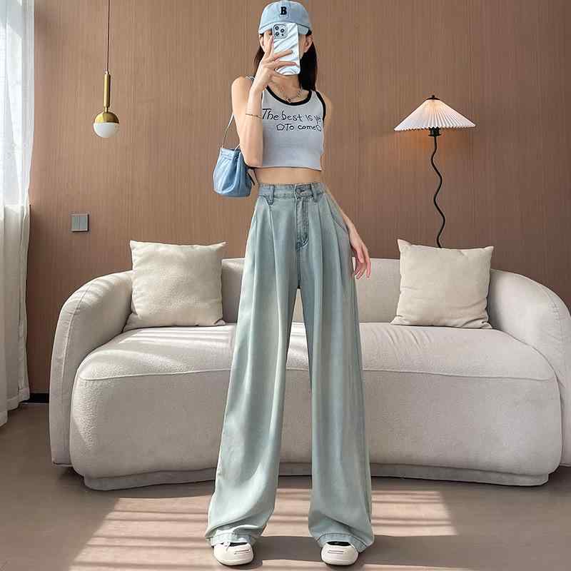 ・カテゴリ: デニム・素材: 指定外繊維(リヨセル)70~80%、ポリエステル30%以下・スタイル: カジュアル、韓国風・パンツ丈: 長ズボン・股上: ハイウエスト・厚さ: 薄手・特徴: ポケット・カラー: ライトブルー(9分丈, 長ズボン...