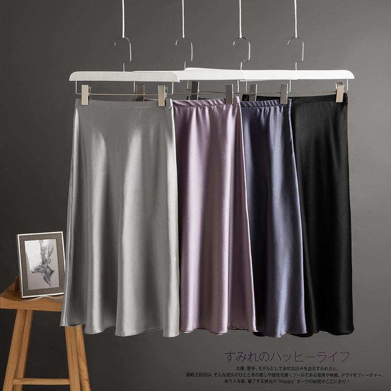 ・柄: 無地・技法: 染色・素材: シルク・主素材: 桑蚕糸・スカート型: Aライン・スカート丈: ミモレ丈・デザイン: 配色・カラー: ブラック、グレー、ダークグレー・サイズ: M、L、XL・スタイル: 通勤・スカート種類: スカート・伸...