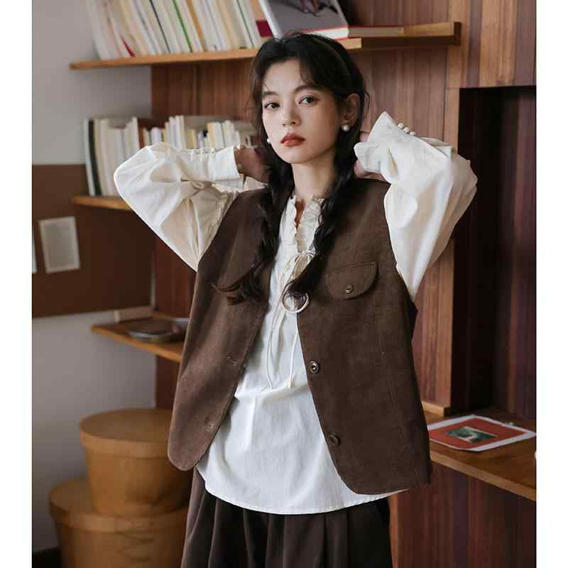 ・スタイル: カーディガン・着丈: ミドル丈・ネックライン: Vネック・柄: 無地・素材: 綿、ポリエステル・カラー: コーヒー・サイズ: S、M、L・対象: レディース・タイプ: レギュラー・カテゴリ: ベスト・デザイン: シングルブレス...