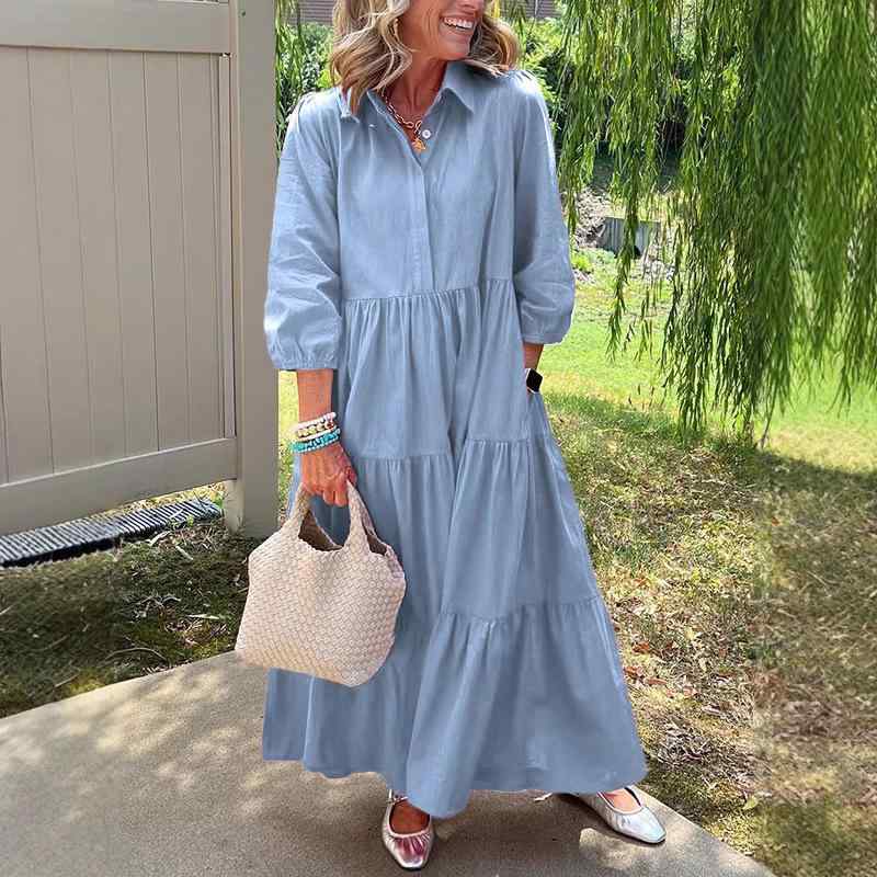 ・スタイル: 甘め・カテゴリ: ワンピース・スカート丈: ロング・スカート型: Aライン・ネックライン: 襟付き・袖丈: ニースリーブ・ウエスト: ルーズ・デザイン要素: 3D/立体パターン・主な素材: ポリエステル95%以上、スパンデック...
