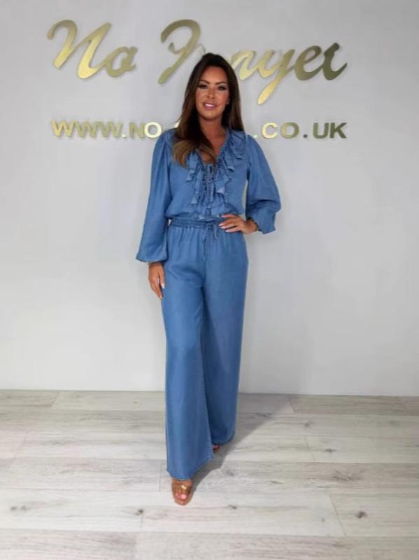 ・パンツ丈: ロング・流行要素: プリーツ・素材: デニム・主な素材: ポリエステル・カラー: ダークブルー、ライトブルー・サイズ: S、M、L、XL、XXL、XXXL・スタイル: エレガント、通勤・袖丈: 長袖・袖のタイプ: バルーンスリ...