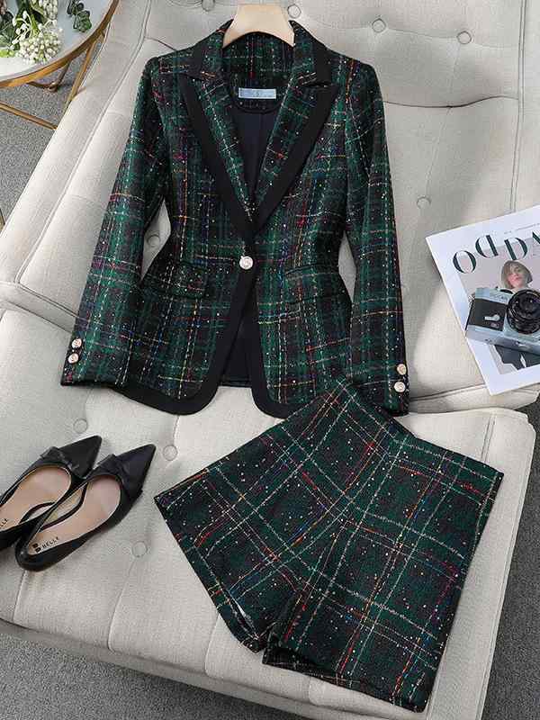 ・柄: 無地・パンツ丈: ハーフパンツ・流行要素: ツイード・加工: 防しわ加工・生地名: ポリエステル・主な生地の組成: ポリエステル95%以上・カラー: 緑チェック柄、白黒チェック柄、緑チェック柄（ジャケット+ショートパンツ）、白黒チェ...