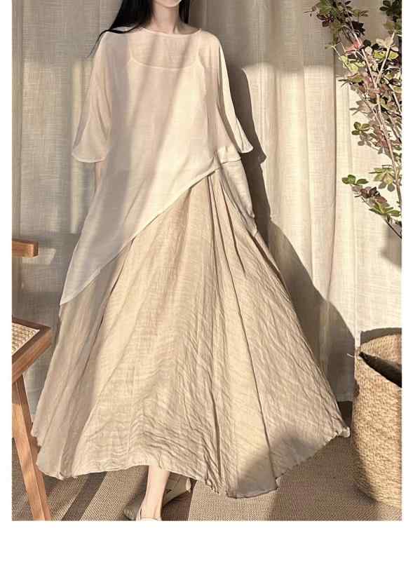 ・柄: 無地・人気要素: ダメージ加工・加工: ウォッシュ加工・素材: 綿・主な素材: 綿70-80%・カラー: ベージュ、スカート（短）、スカート（長）、キャミソール・サイズ: フリーサイズ・スタイル: 文芸復古・セット内容: トップス・...