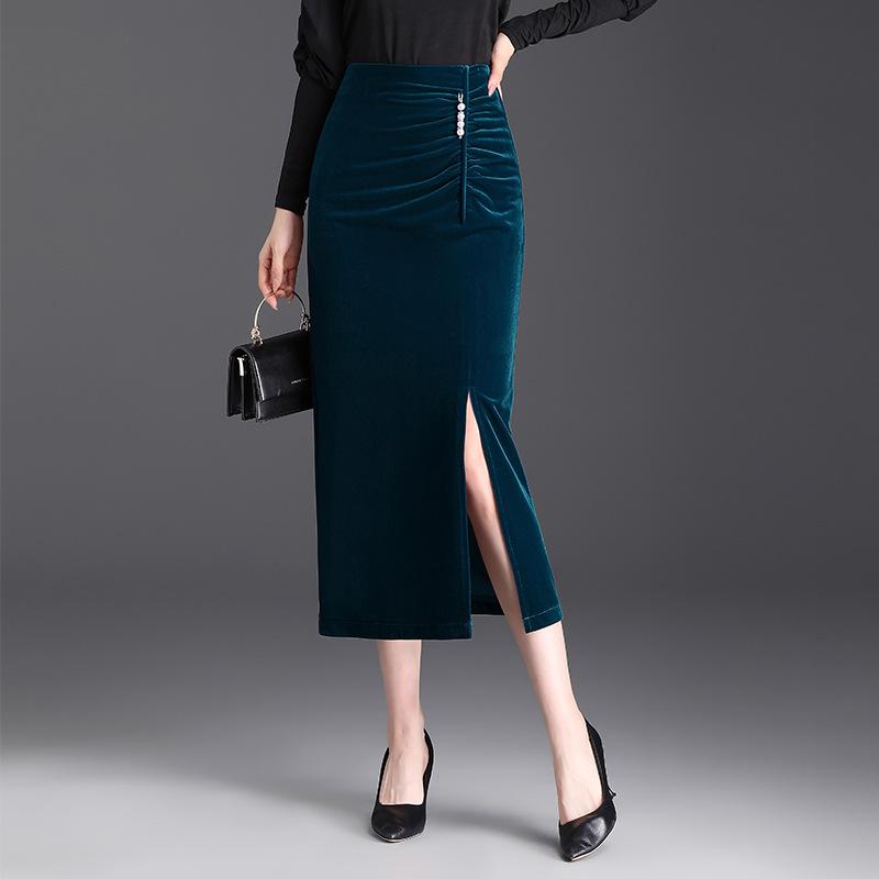 ・柄: 無地・加工: プリーツ、立体装飾、ボタン、ファスナー・素材: ベルベット・主素材: スパンデックス・スカートタイプ: タイト・スカート丈: ロング・カラー: 孔雀ブルー、ブラック、レッド・サイズ: M、L、XL、2XL、3XL、4X...