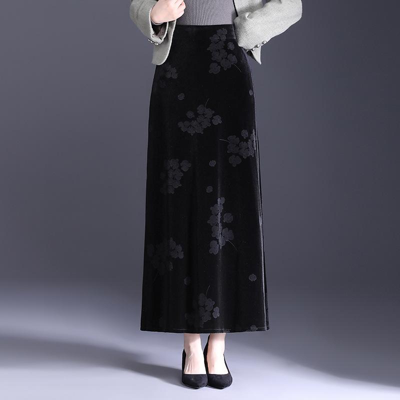 ・素材: ポリエステル・スカート型: タイト・スカート丈: ミモレ丈・スタイル: 通勤・カラー: 黒底グレー花、黒色金色花・サイズ: M、L、XL、XXL、XXXL、4XL・伸縮性: 微ストレッチ・柄: 切り替え