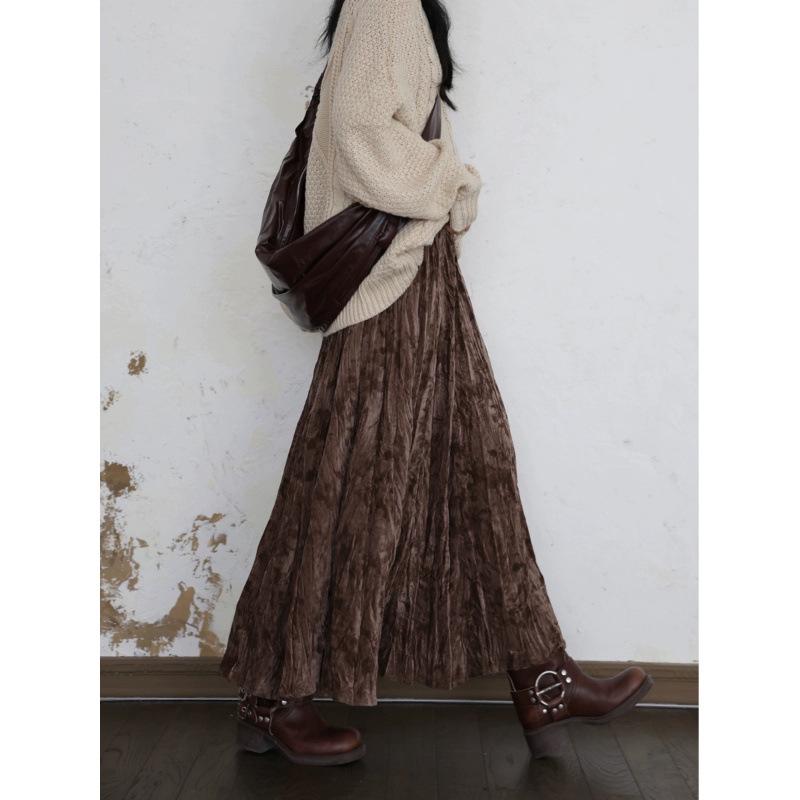 ・柄: 無地・加工: 拼贴/拼接・生地: 金絲絨・素材: 絲絨・スカート型: プリーツスカート・スカート丈: ロング・デザイン: 做旧・カラー: ブラウン、黒に近いグレー・サイズ: M、L・スタイル: 通勤・生地の厚さ: 普通・伸縮性: な...