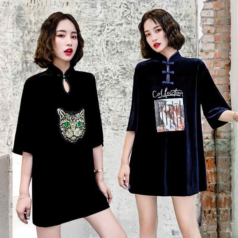 ・素材: ポリエステル・主素材の含有量: 95%・裏地素材: ポリエステル・旗袍の長さ: 短旗袍・襟の形: 立襟・フロントスタイル: 斜め・袖丈: 半袖・流行の要素: 絞り染め・カラー: ブラック・サイズ: S, M・対象年齢: 25-29...