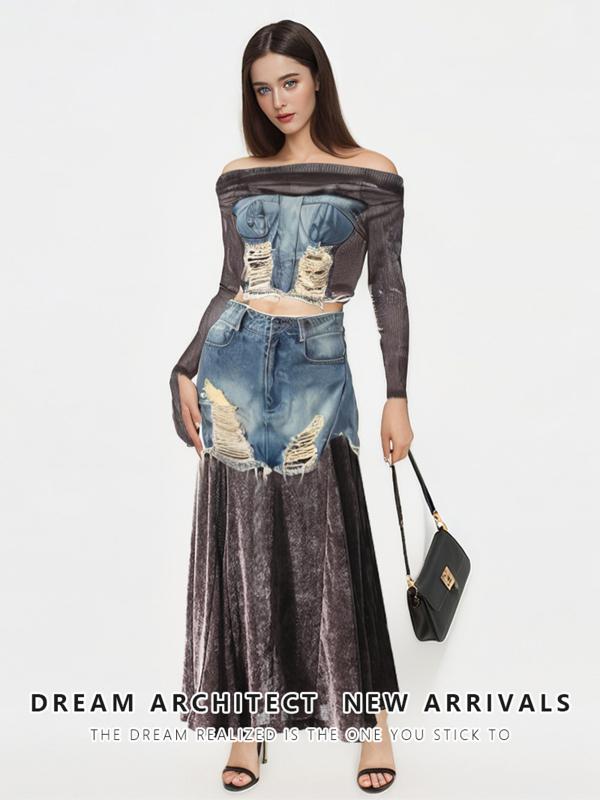 ・柄: 拼色、3D/立体图案・スカート丈: ミモレ丈・素材: デニム・主な素材: 綿、ポリエステル・カラー: ダークグレー/デニムブルー トップス, ダークグレー/デニムブルー スカート, ダスティピンク/ホワイト トップス, ダスティピン...