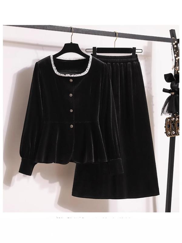 ・柄: 無地・スカート丈: ミモレ丈・デザイン: レース・素材: ポリエステル繊維、スパンデックス・スタイル: 通勤・セット内容: トップス、スカート・対象: 女性・袖丈: 長袖・袖のタイプ: パフスリーブ・カラー: ブラック・サイズ: L...