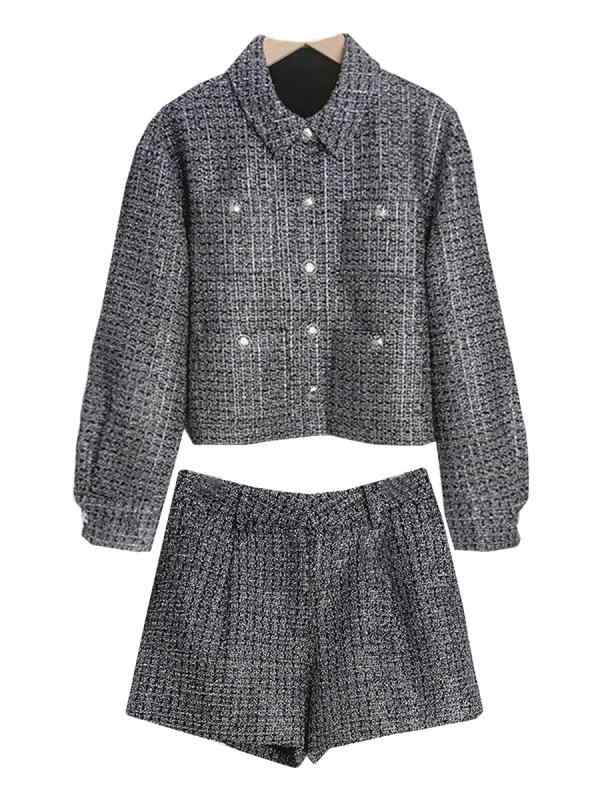 ・柄: 格子柄・パンツ丈: ショートパンツ・装飾: ポケット・素材: ポリエステル繊維・スタイル: 小香風・セット内容: パンツ・対象: 女性・袖丈: 長袖・袖のタイプ: シャツ袖・カテゴリ: カジュアルセットアップ・主素材含有量: 95%...