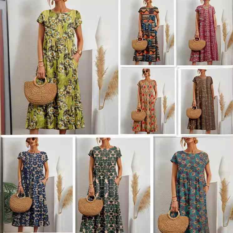 ・素材: 綿、麻・柄: 花柄・スタイル: 基本款・スカート丈: 長裙・スカートタイプ: A字裙・ネックライン: ラウンドネック・袖丈: 半袖・袖タイプ: 通常袖・ウエスト: ミドルウエスト・流行の要素: 3D/立体パターン・カラー: 土黄色...