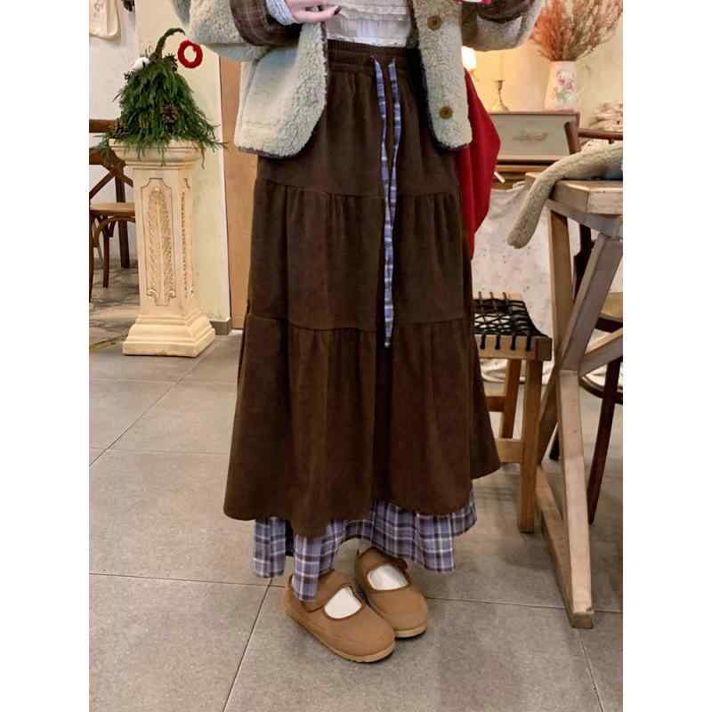 ・柄: 幾何学模様・技法: パッチワーク・素材: コーデュロイ、ポリエステル・スカートタイプ: ケーキスカート・スカート丈: ミモレ丈・デザイン: レース・カラー: ブラウン、ブルー・サイズ: S、M、L、XL・スタイル: 韓国、カジュアル...