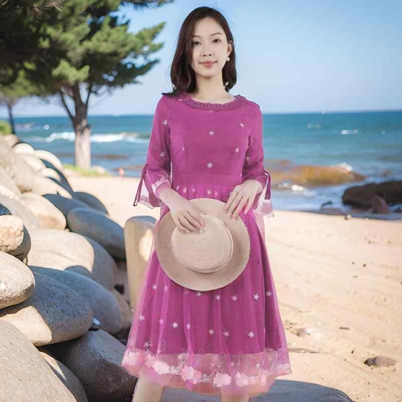 ・面料: レース・柄: 格子柄・工艺: 刺繍・款式: 基本款・スカート丈: ミモレ丈・ネックライン: ラウンドネック・袖: フレアスリーブ・袖丈: 七分袖・素材: ポリエステル・カラー: ローズレッド・サイズ: S,M,L,XL,XXL,X...