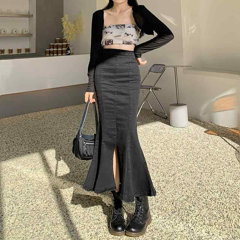 ・素材: デニム・スカート丈: ミモレ丈・カラー: ブラック, ブルー・サイズ: XS, S, M, L, XL・スタイル: レトロ・スカートの種類: タイトスカート・主素材の含有量: 70-80%