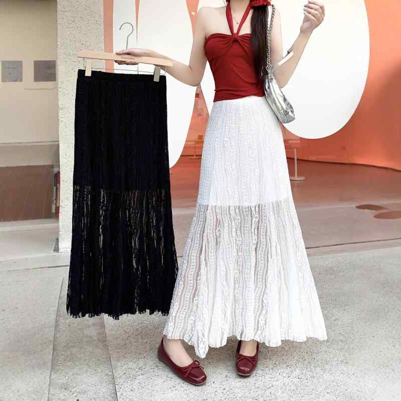 ・柄: 無地・工艺: 拼贴/拼接・素材: ポリエステル・スカート型: Aライン・スカート丈: ロング・流行要素: レース・カラー: ブラック、ホワイト・サイズ: M、L・スタイル: 通勤・スカート種類: スカート・伸縮性: ややあり・主素材...