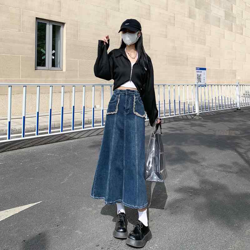 ・柄: 無地・加工: 防しわ加工・素材: デニム・主な素材: 綿50-70%・スカート型: Aライン・スカート丈: ミモレ丈・デザイン: ポケット・色: レトロブルー・サイズ: S、M、L、XL、2XL、3XL、4XL、5XL・スタイル: ...