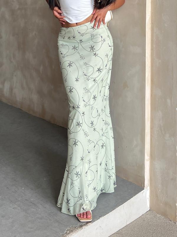 ・柄: 花柄・加工: プリント・生地: 網紗・素材: ポリエステル、スパンデックス・スカートタイプ: マーメイドスカート・スカート丈: ロング・カラー: 浅緑・サイズ: S、M、L・スタイル: スウィート、エレガント・生地の伸縮性: 高弾性...