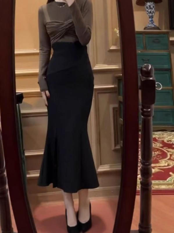 ・柄: 無地・加工: ファスナー・素材: その他・スカートの種類: マーメイドスカート・スカート丈: ミモレ丈・ディテール: 立体装飾・色: ブラック・サイズ: S、M、L、XL、XXL・スタイル: エレガント、キャリア・スカートカテゴリ:...