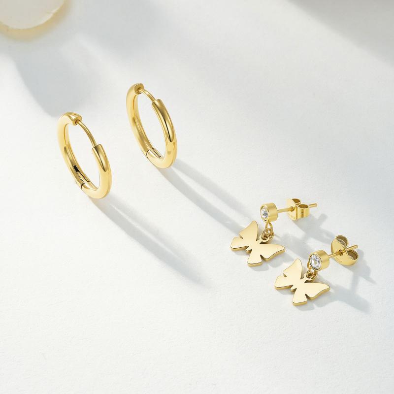 ・素材: ステンレス・デザイン: 幾何学型・加工方法: 電気メッキ・カラー: 蝶型イヤリング, リング型イヤリング・純度: 14k・モチーフ: 蝶・スタイル: かわいい, 清新, スイート・カテゴリ: イヤリング・対象: 男女兼用