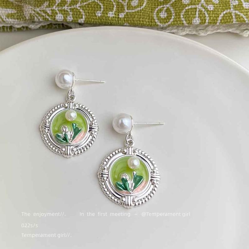 ・素材: 銅、高亮珍珠・造型: 花卉、幾何型・処理工芸: 滴油・カラー: 6015銀針モネガーデン油絵風イヤリング・流行要素: 花、葉・スタイル: 高級感、通勤・製品カテゴリ: イヤリング・適用対象: 女性