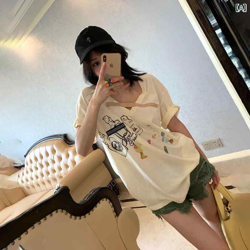 ・カテゴリ: Tシャツ・主な素材: 綿90%-95%・柄: 幾何学柄・袖丈: 短袖・スタイル: 通勤・フィット感: ゆったり・着丈: 中長丈(65cm<着丈≤80cm)・ネックライン: Vネック・カラー展開: 杏色・サイズ展開: S,...