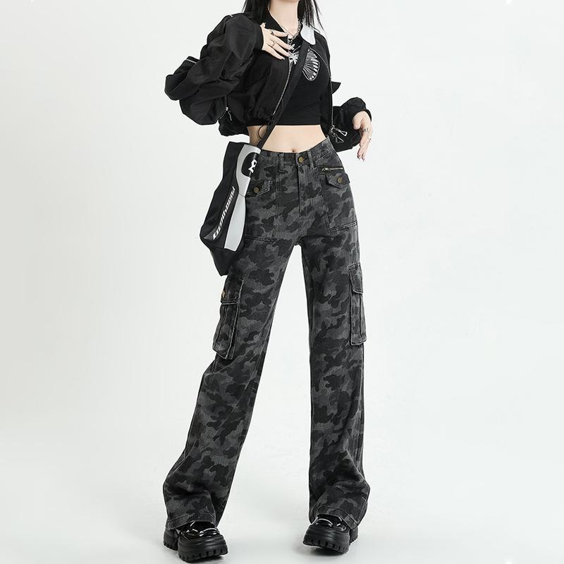 ・素材: 綿70～80%、デニム・パンツ丈: フルレングス・スタイル: ワークパンツ、韓国風・ウエスト: ハイウエスト・厚さ: 普通・柄: 迷彩・カラー: グレー、カーキグリーン・サイズ: XS、S、M、L、XL・ストレッチ: なし・パンツ...