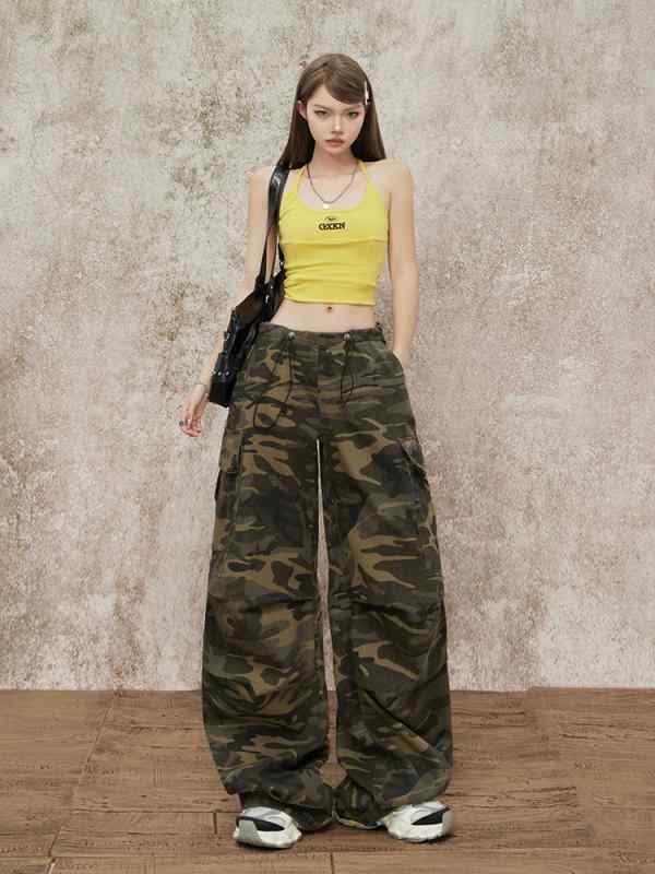 ・素材: 綿、その他・パンツ丈: フルレングス・ウエスト: ハイウエスト・厚さ: 薄手・柄: 迷彩・カラー: 迷彩・サイズ: XS、S、M、L、XL・スタイル: ベーシック、通勤・パンツシルエット: ワイドレッグ・素材構成: 綿80-90%...