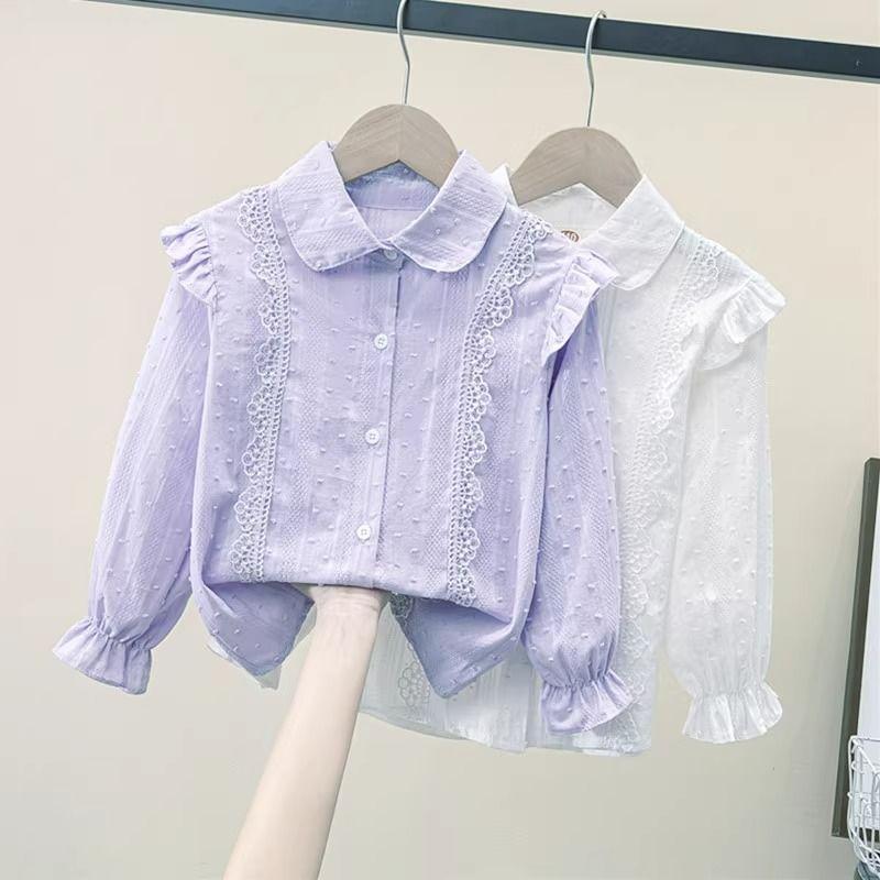 ・対象: ガールズ・スタイル: スウィート・ネックライン: ポロカラー・袖丈: 長袖・柄: 無地・要素: レース・主な素材: 綿・主な素材の組成: 綿1%・安全レベル: C・色: 紫色レース長袖、白色レース長袖・推奨身長: 100、110、...