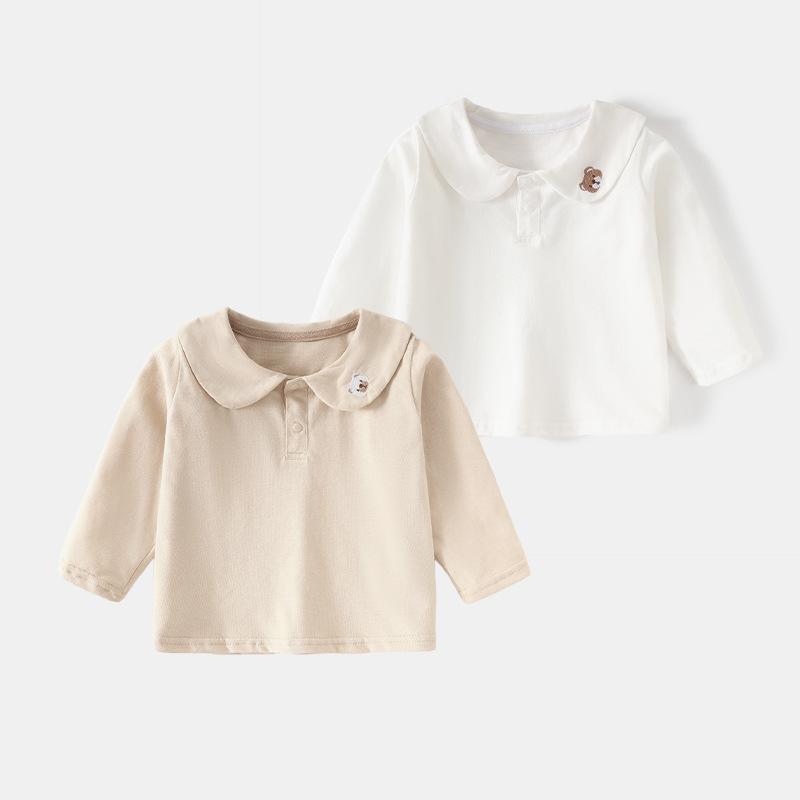 ・対象: 女の子・スタイル: 韓国風・袖丈: 長袖・素材: 綿・主な素材: 綿100%・ネックライン: Vネック・カラー: ビスケット色、オフホワイト・サイズ: 73、80、90、100、110、120・カテゴリ: Tシャツ