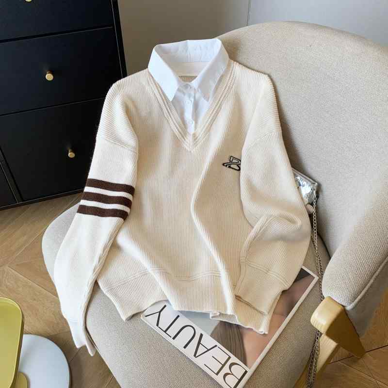 ・素材: ニット・柄: ストライプ、格子・厚さ: 中・組み合わせ: フェイクレイヤード・スタイル: プルオーバー・シルエット: ルーズ・袖のタイプ: レギュラー袖・襟の形: シャツ襟・袖丈: 長袖・着丈: ミドル(50cm<着丈≤65...