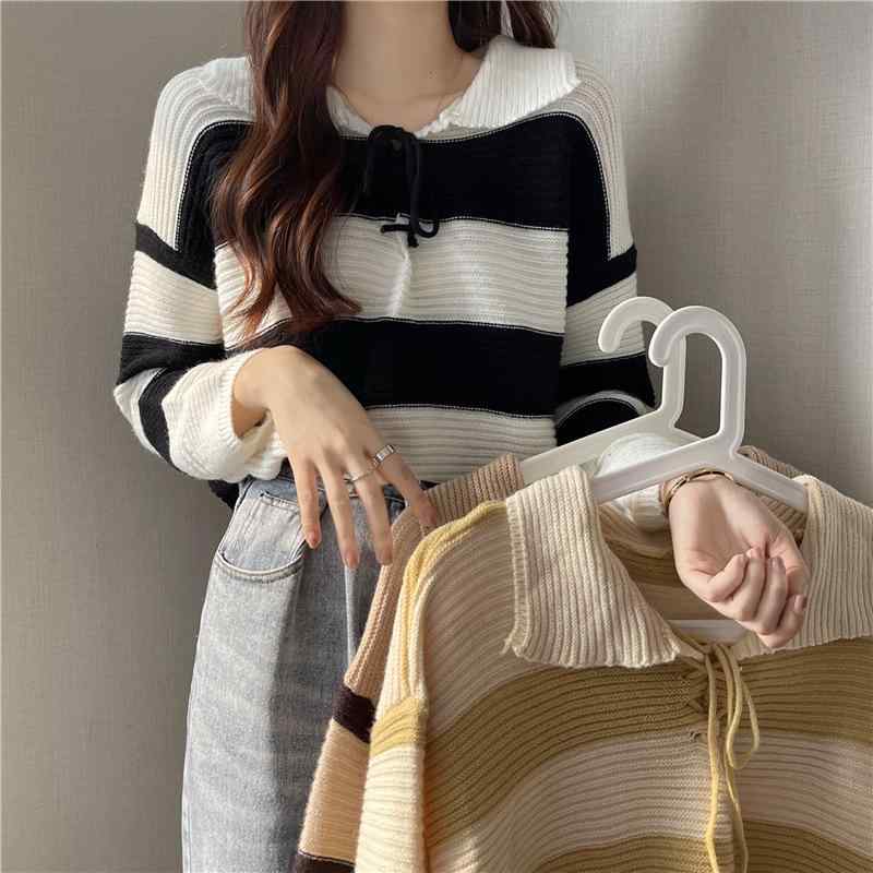 ・素材: ポリエステル・柄: ストライプ・スタイル: プルオーバー・袖丈: 長袖・ネックライン: ポロネック・フィット: ゆったり・袖のタイプ: レギュラー・カラー: コーヒーカラーストライプ、イエローアプリコットストライプ、ブラックストラ...