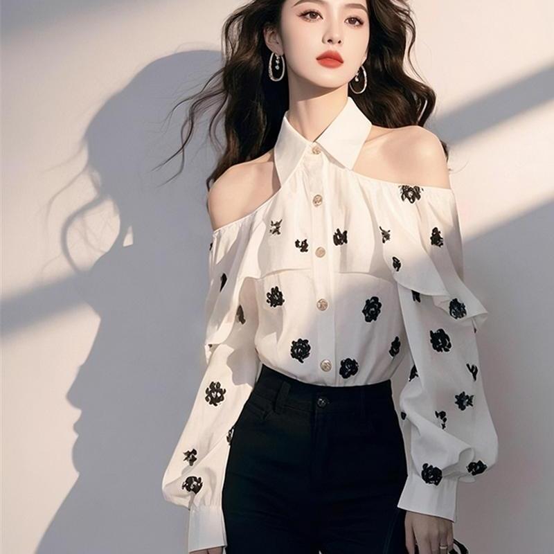 ・素材: ポリエステル100%・柄: 花柄・スタイル: プリント、フリル・袖丈: 長袖・襟型: ポロ襟・シルエット: レギュラー・ディテール: フリル・カラー: ホワイト・サイズ: S、M、L、XL・系統: 通勤・前開き: シングルブレスト...