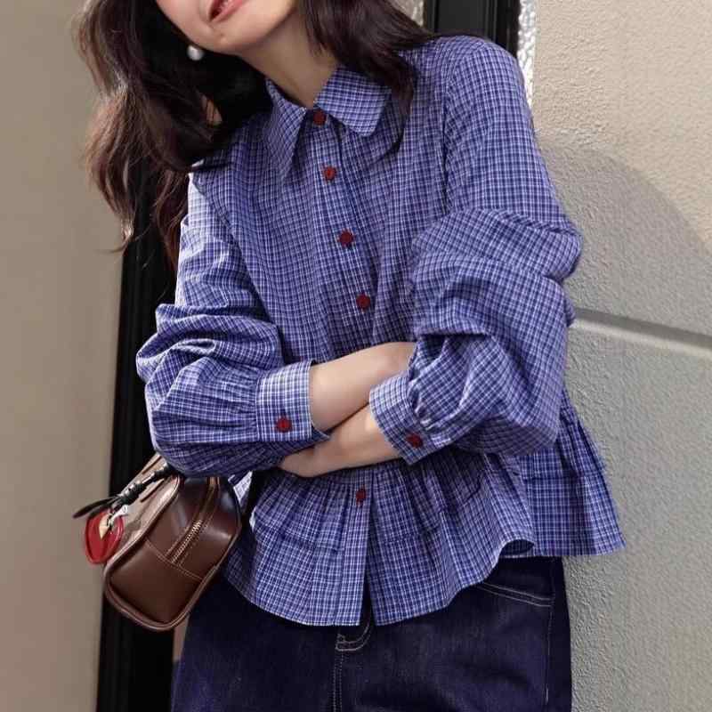 ・素材: ポリエステル・柄: 無地・スタイル: カーディガン・袖丈: 長袖・フィット: ゆったり・着丈: ミドル丈(50cm超～65cm以下)・襟型: ポロ襟・袖型: レギュラー袖・カラー: ブルー系チェック・サイズ: S、M、L・テイスト...