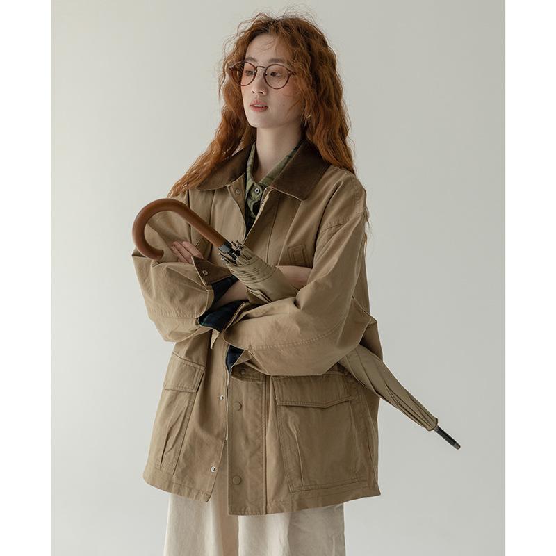 ・素材: ポリエステル、スパンデックス・柄: 配色・スタイル: カーディガン・袖丈: 長袖・フィット: ゆったり・着丈: ミドル丈(65cm超80cm以下)・ネックライン: ポロネック・袖: 通常袖・特徴: 配色・カラー: カーキ・サイズ:...